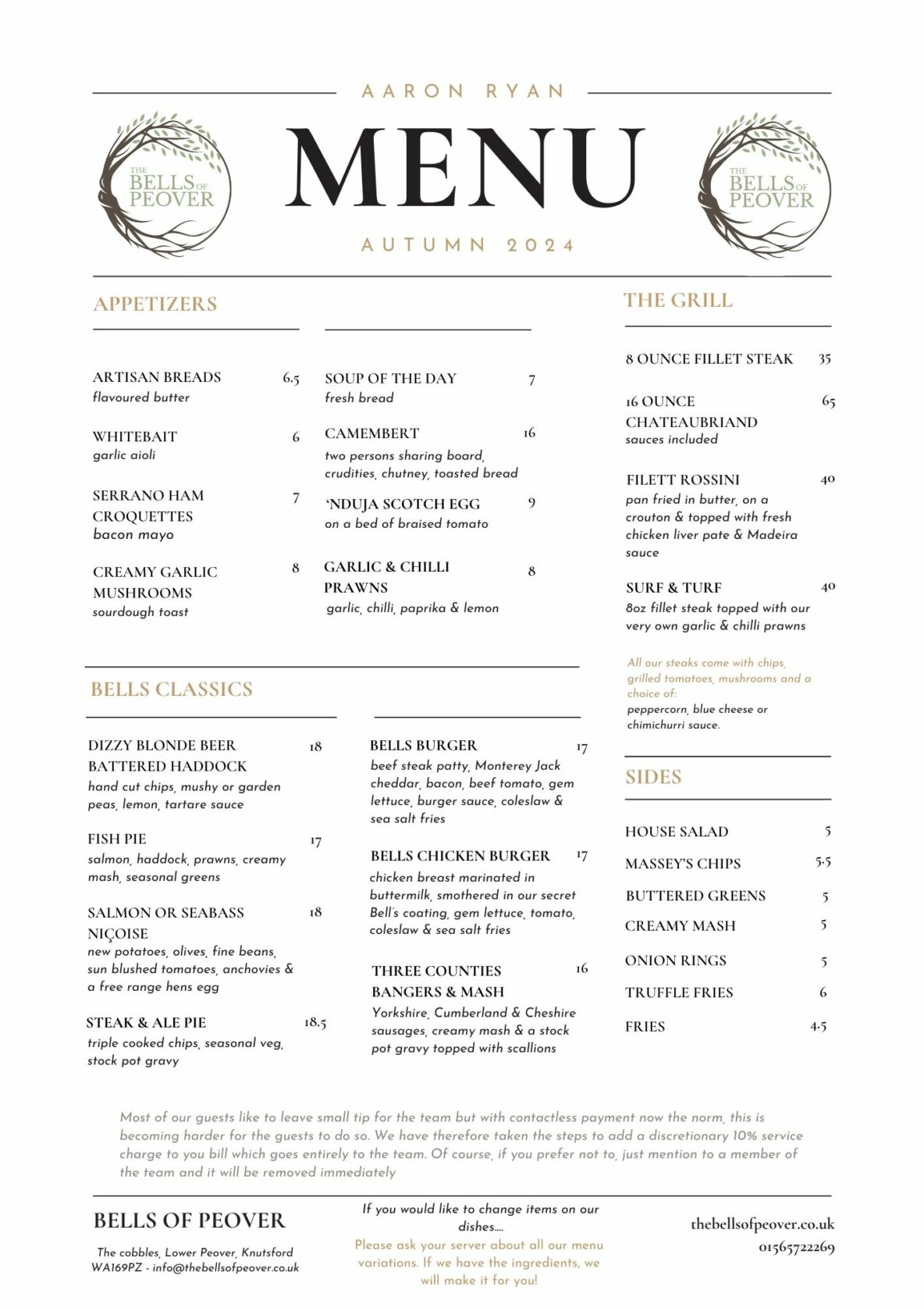 Menus | Bells of Peover