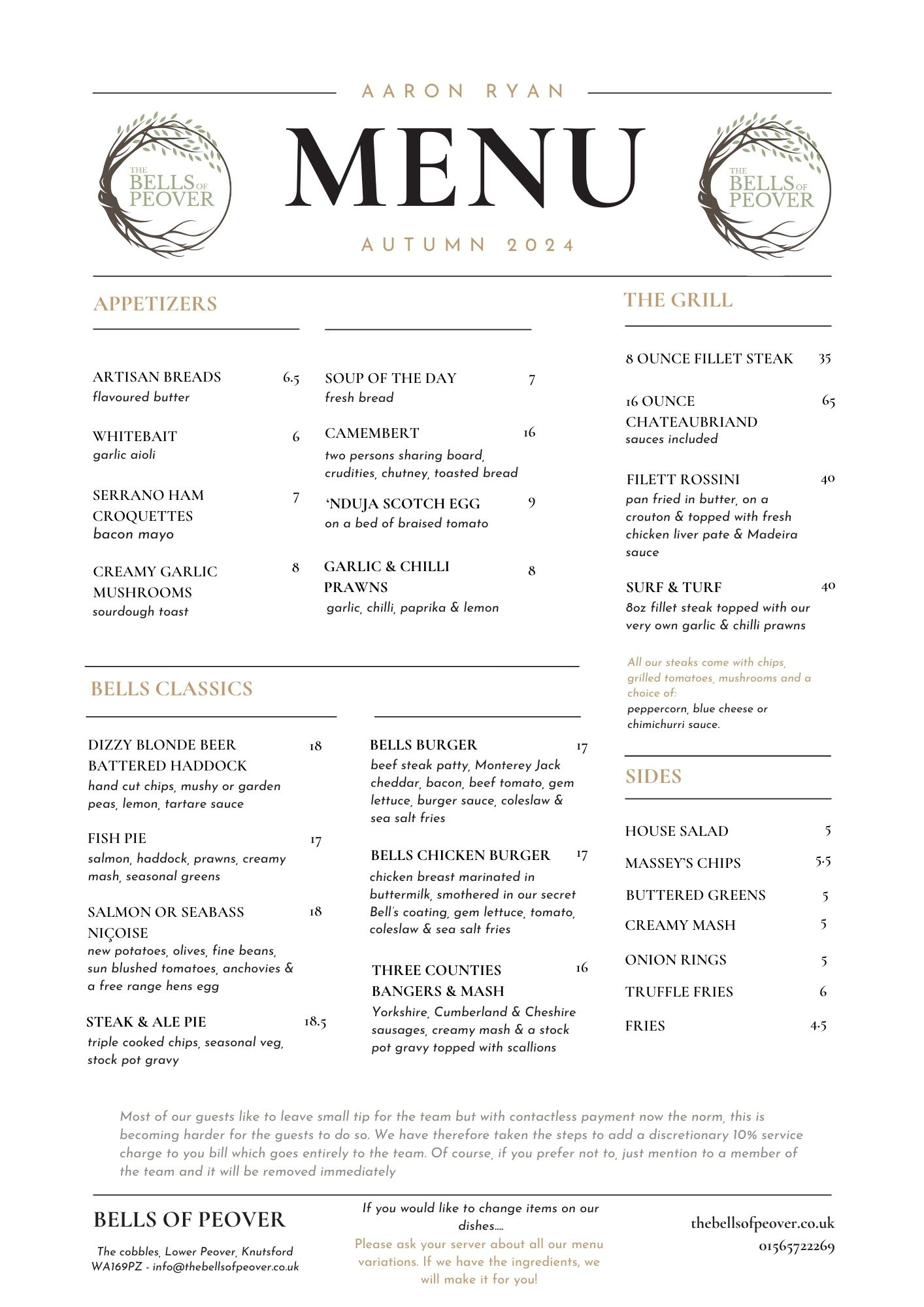 Menus | Bells of Peover