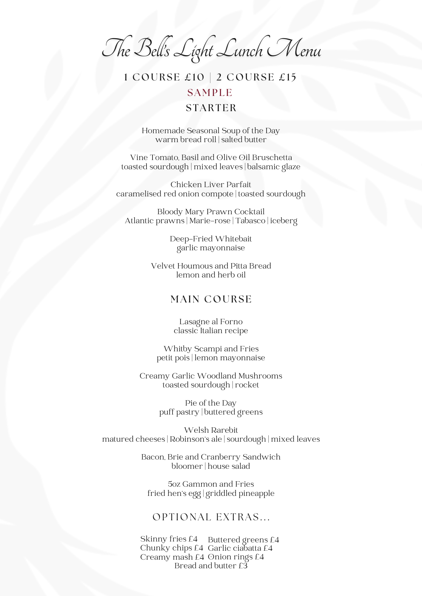 Menus | Bells of Peover