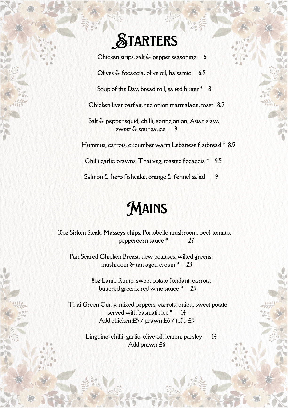 Menus | Bells of Peover